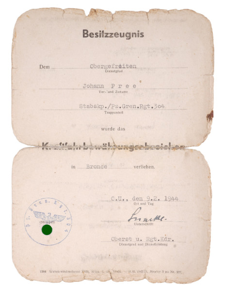 Besitzzeugnis Kraftfahrbewährungsabzeichen in Bronze Pree 2. Pz. Div ...