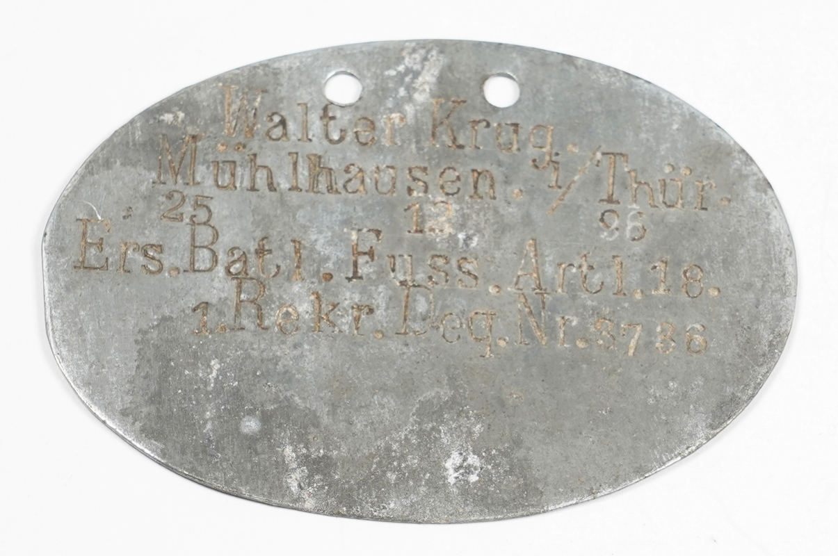 Erkennungsmarke Walter Krug Mühlhausen i/Thür. Ers. Batl. Fuss. Artl ...